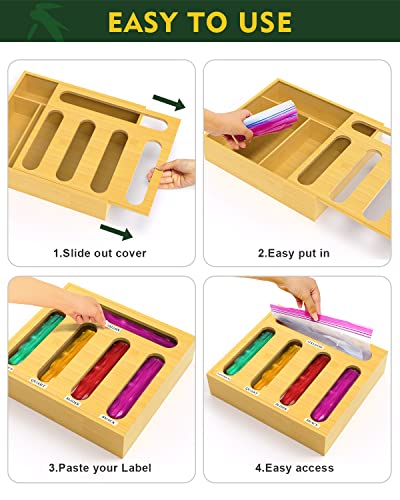 VenDotbi Bamboo Ziplock Bag Organizer for Drawer, Storage Bag Organizer, Plastic Bag Organizer 5 Slot Baggie Organizer for Kitchen Compatible with Gallon, Quart, Sandwich & Snack Variety Bags-Natural