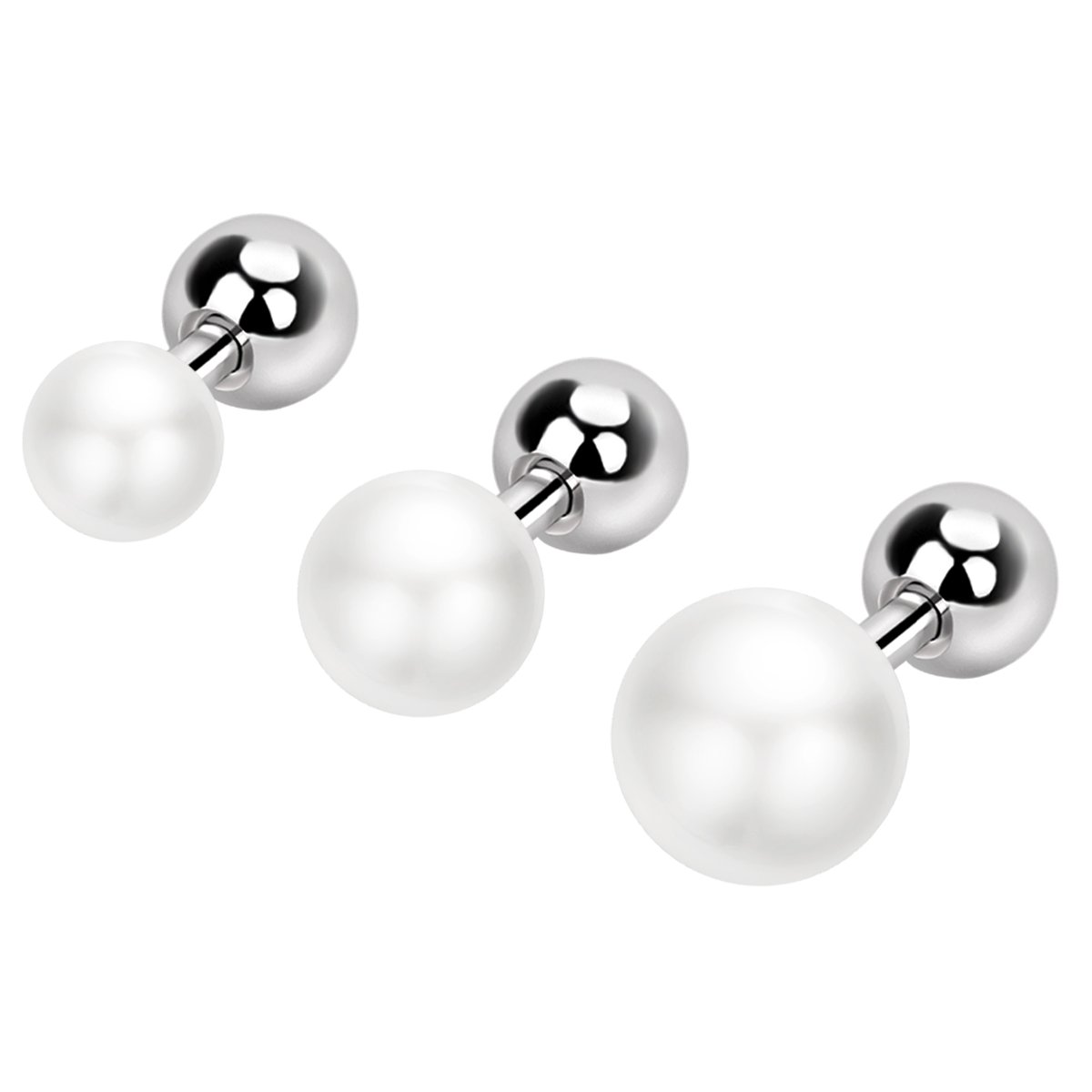 IPINK-3 Pcs 16G (1.2mm) Pearl Tragus Earring Piercing Stud Set Surgical Steel Cartilage Barbell