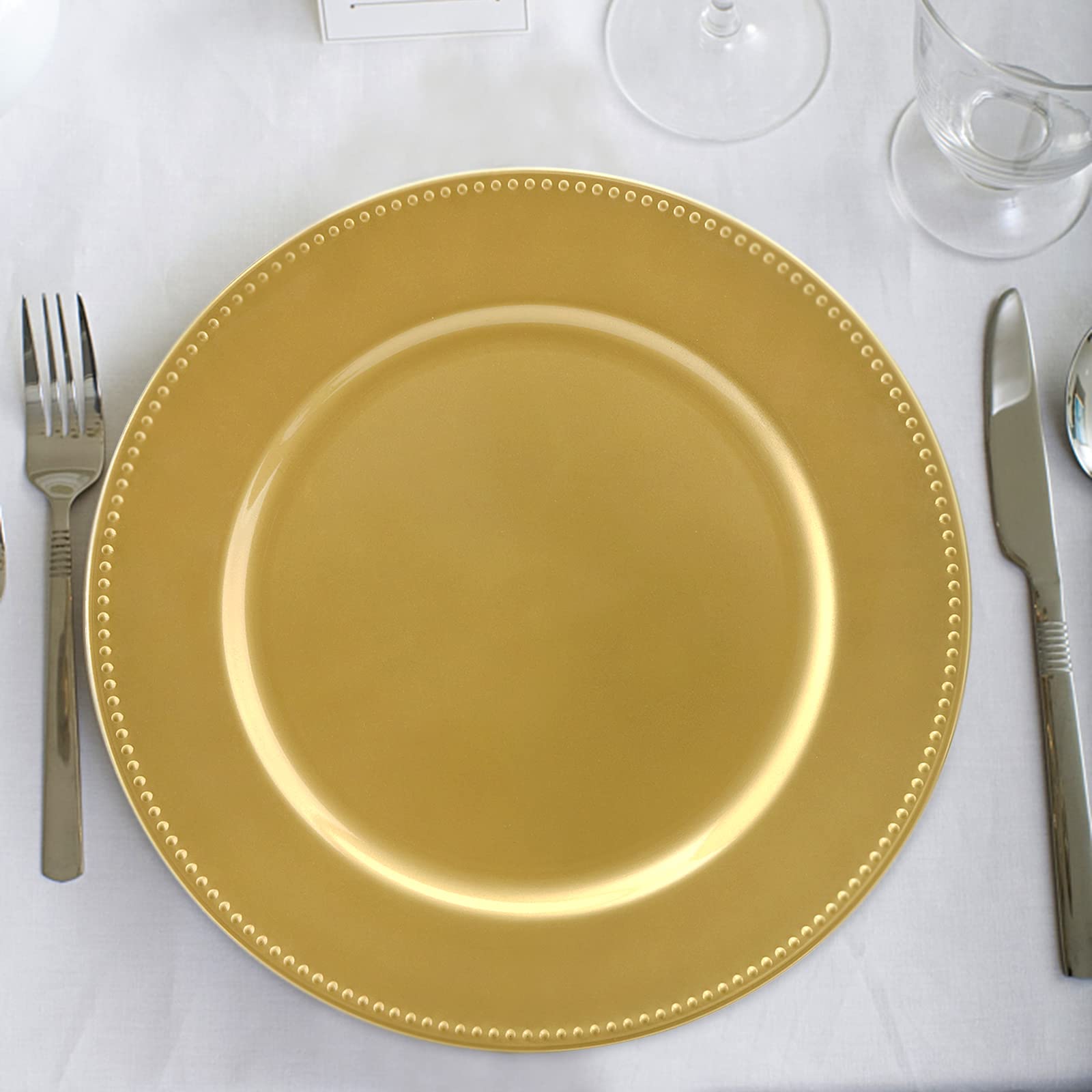 Okllen 12 Pack Plastic Gold Charger Plates, 13" Round Beaded Charger Plates Decorative Dinner Chargers, Embossed Charger Serving Plates for Wedding, Catering Event, Tabletop Decor
