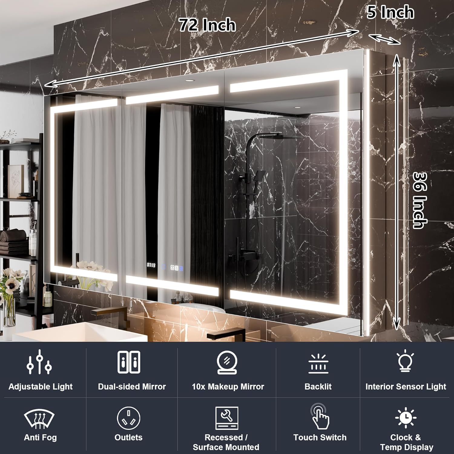 WELERONY Smart Lighted Medicine Cabinet with Mirror, 72" x 36" LED Medicine Cabinet Mirror for Bathroom with Built-in High-Power Outlet, Stepless Dimming & Anti-Fog, Wide Hinge
