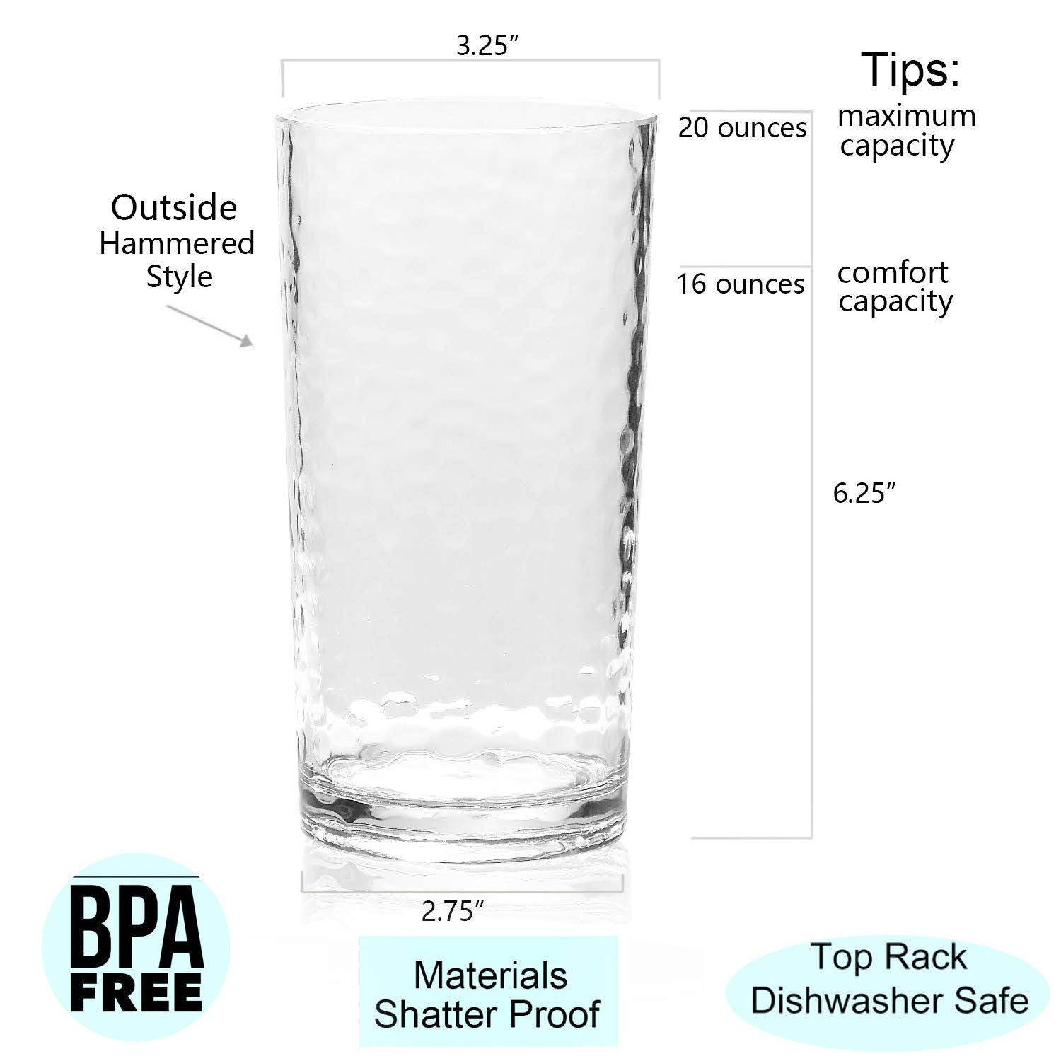 KX-WARE 20-ounce Acrylic Glasses Plastic Tumbler, set of 6 Clear - Hammered Style, Dishwasher Safe, BPA Free