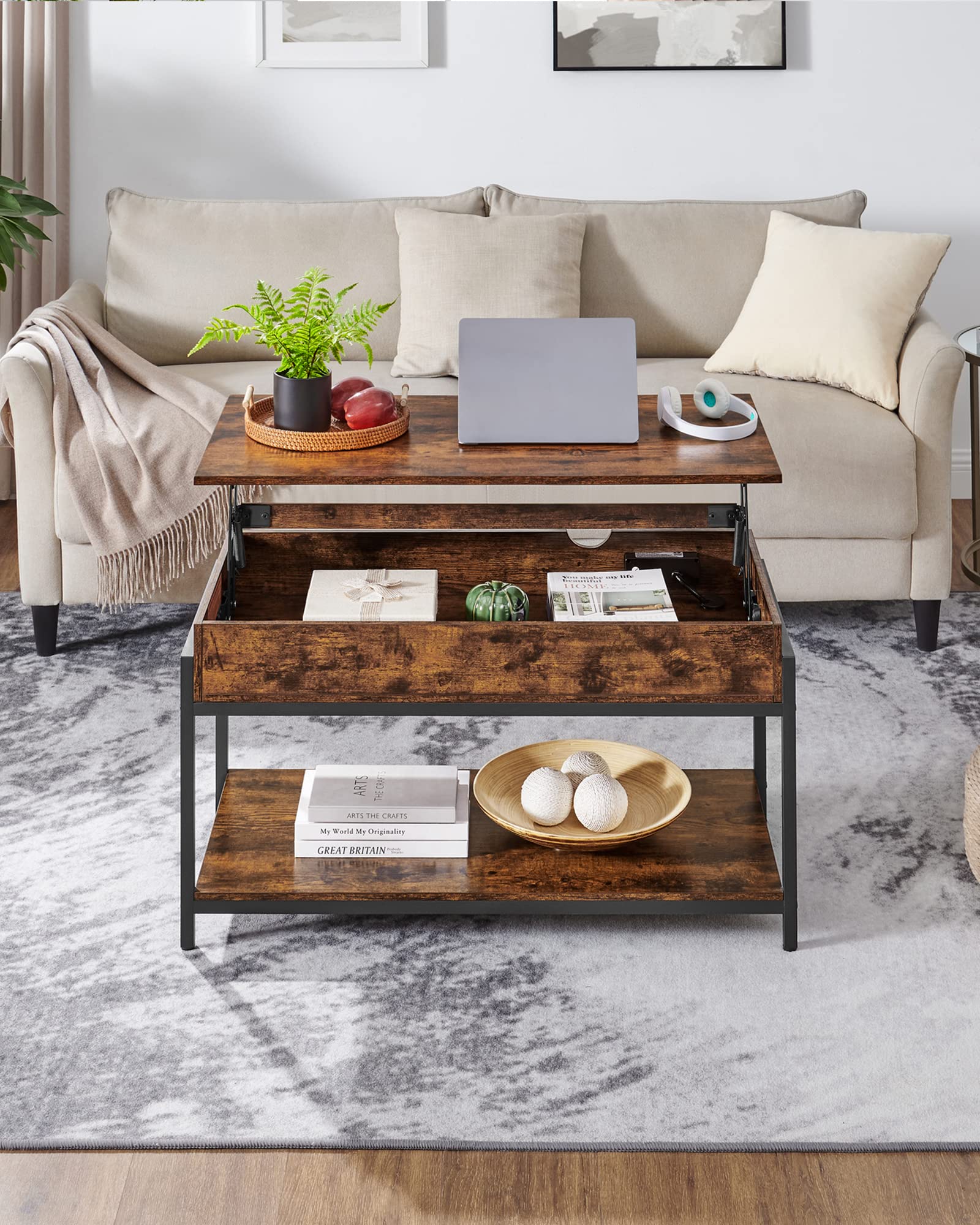 Hzuaneri Lift Top Coffee Table - with Charging Station, Modern Coffee Table with Hidden Compartment and Open Shelf, Metal Frame, for Living Room, Office Reception, Rustic Brown and Black 01701BCT
