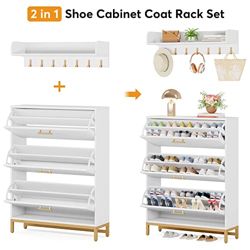 Tribesigns Narrow Shoe Cabinet, Shoes Cabinet and Coat Rack Set, Flip Drawer Shoe Storage Cabinet for Entryway, White Shoe Organizer Cabinet