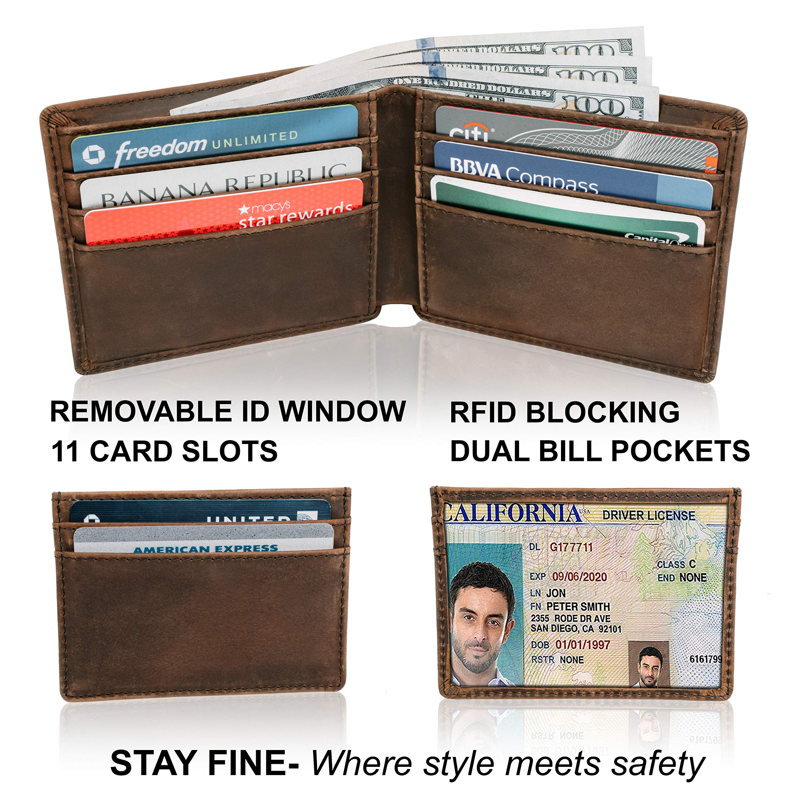 Leather Men's RFID Bifold Wallet with Removable Slim Front Pocket Card Holder, Brown