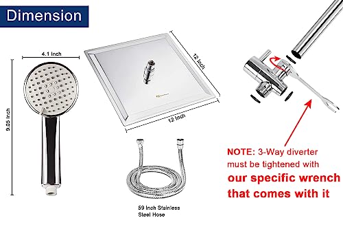 Shower Head Combo with 11'' Extension Arm,High Pressure Rain Shower Head with Handheld Shower Spray and Holder/ 1.5M Hose,Dual Rainfall Showerhead Set,Chrome (12 Inch)