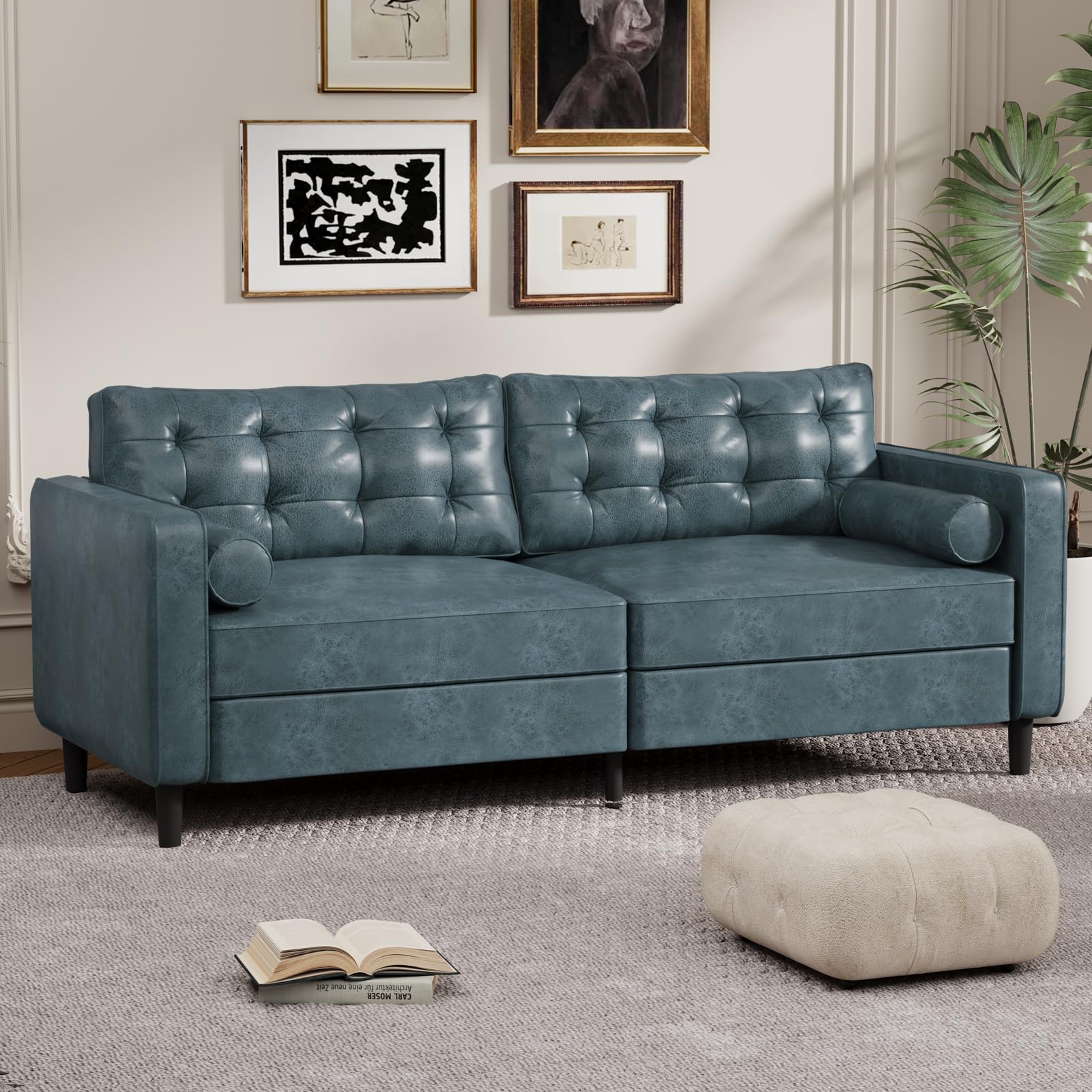 YODOLLA 84.2" Faux Leather Sofa Couch, Mid-Century Modern Sofa with 2 Bolster Pillows, 3 Seats Sofa Vintage Couch for Living Room, Studio and More, Blue