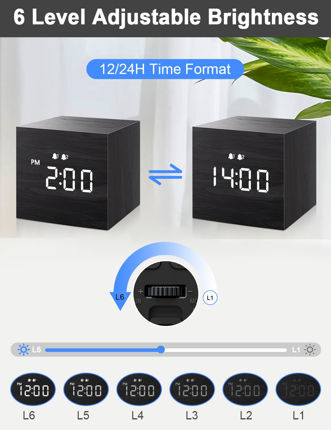 JALL Digital Alarm Clock, with Wooden Electronic LED Time Display, Dual Alarm, 2.5-inch Cubic Small Mini Wood Made Electric Clocks for Bedroom, Bedside, Desk, Black