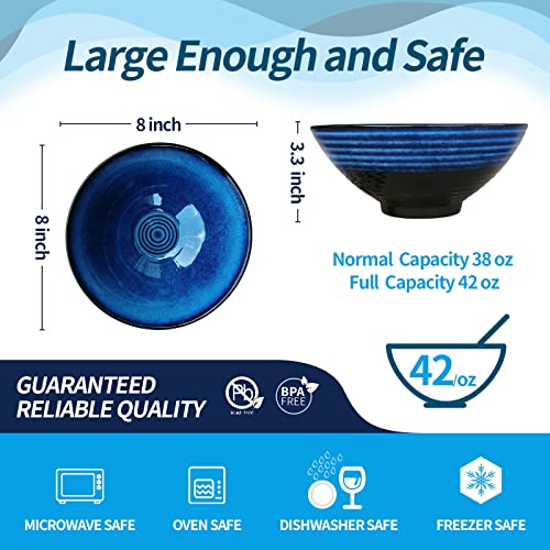uniidea Ramen Bowl, Japanese Ramen Bowls Set, Large Ceramic Asian Pho Soup Bowl 42 oz with Chopsticks and Spoon, Big Noodle Bowls Blue,2 Sets (6 Pieces)
