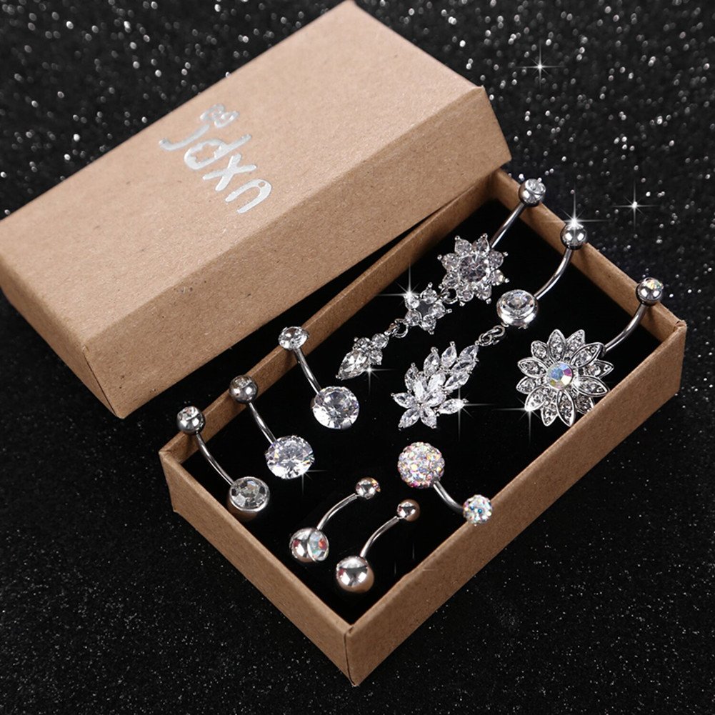 JDXN 6-8PCS 14G Stainless Steel Belly Button Rings CZ Pineapple Dangling Dangle Navel Ring Body Piercing (Black)
