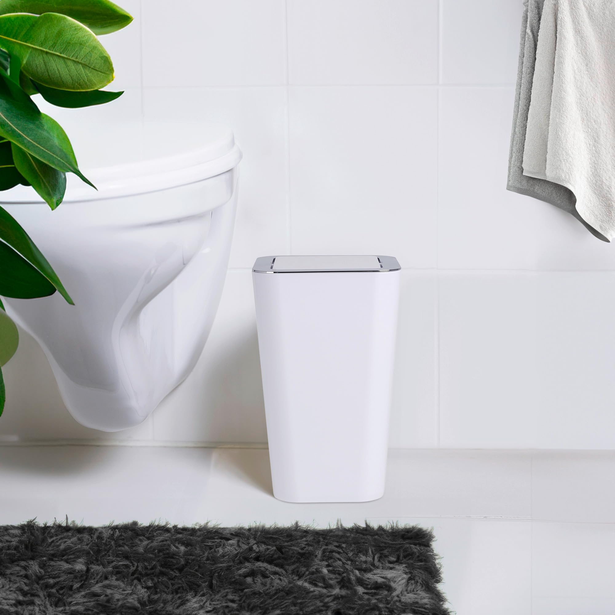 WENKO Small Trash Can with Swing Top Lid, Mini Waste Basket, Stylish Garbage Bin for Bathroom, Bedroom, Kitchen, 1.6 Gallon, 7.1 x 11.2 x 7.1 in, White