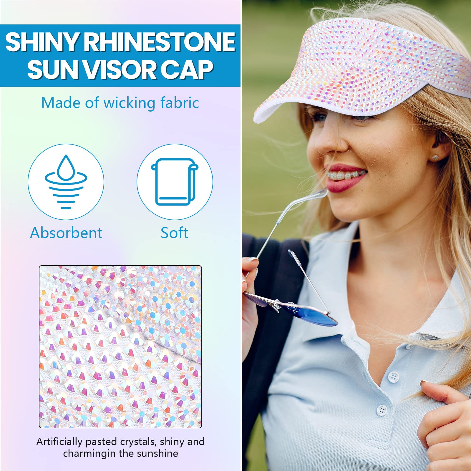 Oversize Square Glitter Sunglasses Retro Thick Frame Sunglasses and Shiny Rhinestones Sport Sun Visor Adjustable Summer Cap for Women Golf Tennis Running, Total 12 Pcs