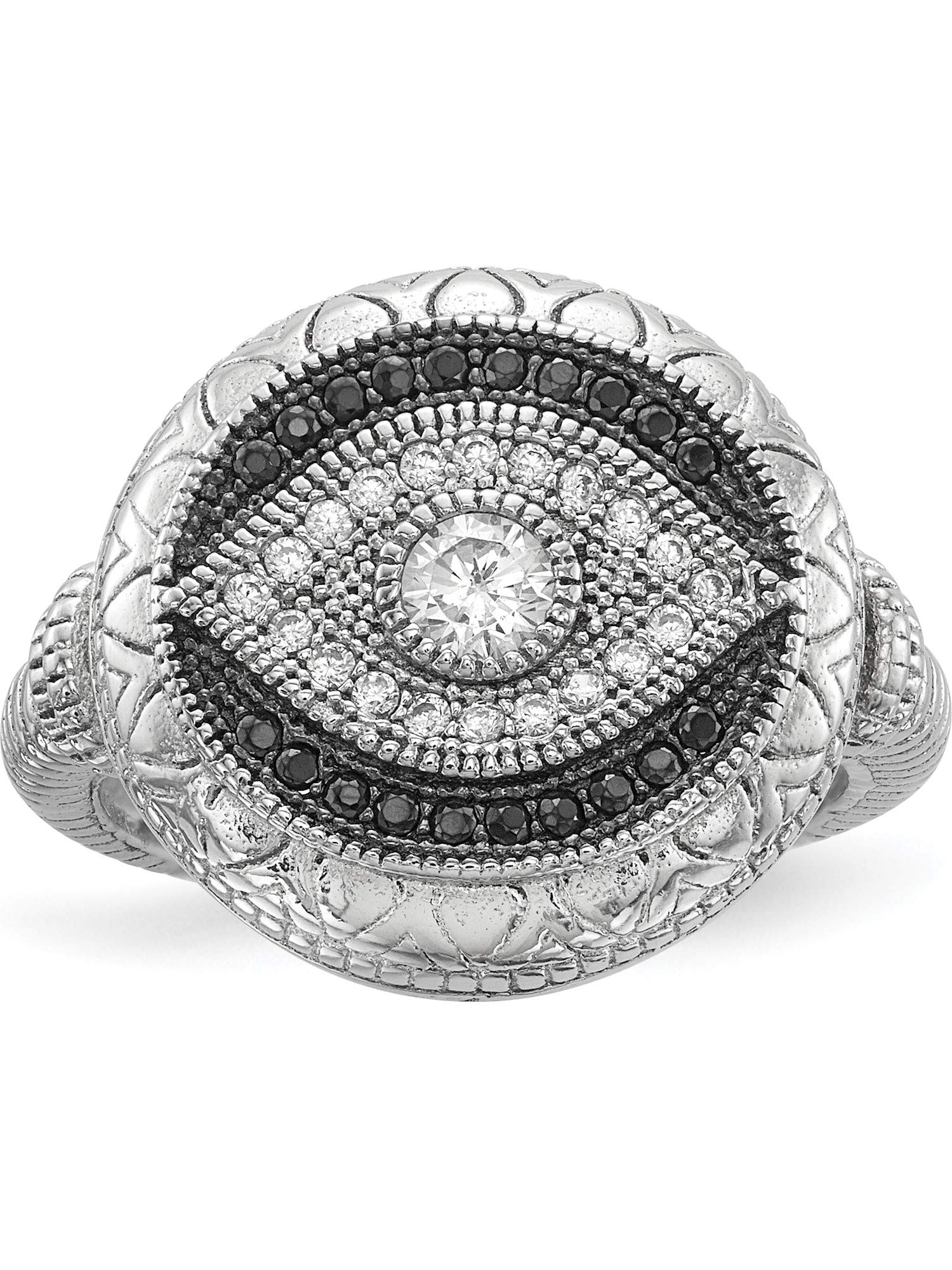 Jewelry By Sweet Pea Sterling Silver Rhodium-Plated Black And White Cz Evil Eye Ring