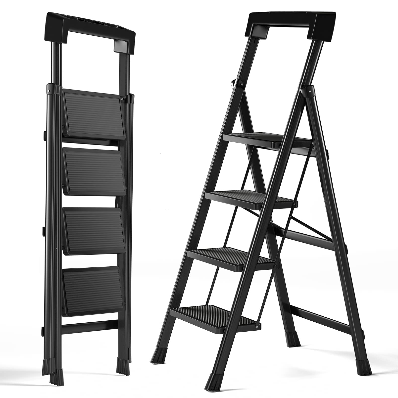 ZXMOTO 4 Step Ladder,Folding Step Stool with Tool Tray 300 lb Capacity, Sturdy Lightweight Aluminum, Portable Step Ladder Stool for Home, Library, Office, Garage