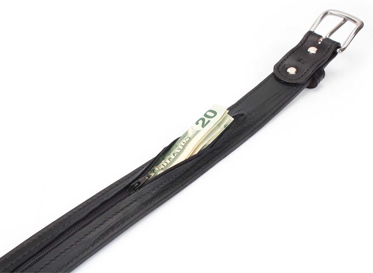Hidden Money Pocket Travel Leather Belt (Size 38, Black)