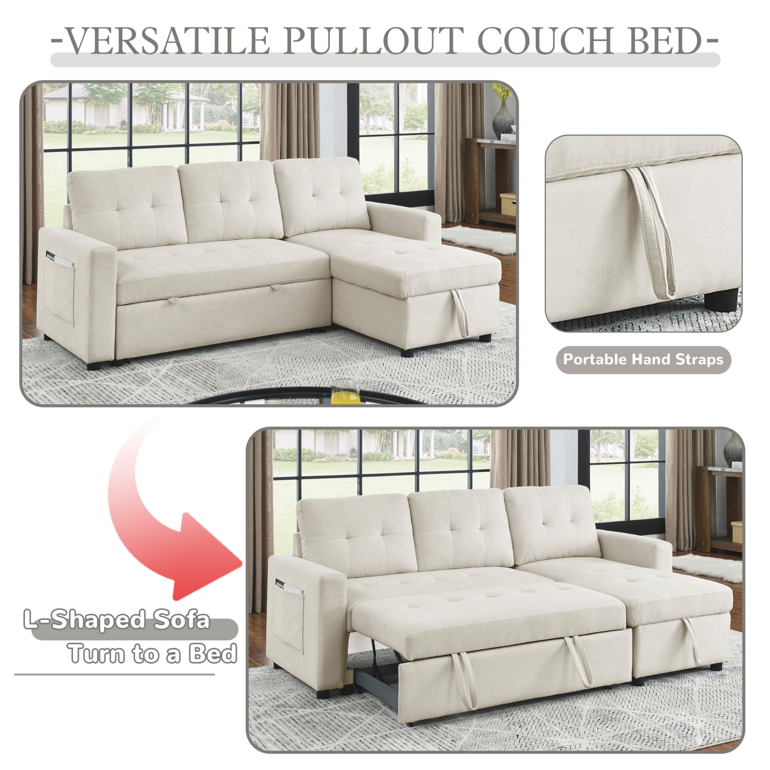 XZTUAJ 78" L Shaped Couch Sofa,3 Seater Couch Reversible Sleeper Sectional Sofa with Pull-Out Bed,Comfy Tufted L-Shaped Sectional Sofa Couch Bed with Storage Chaise Side Pocket for Living Room (Beige)