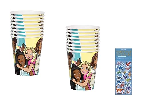 Unique Barbie Birthday Party Supplies Bundle includes 16 Party Paper Cups and 1 Dinosaur Sticker Sheet