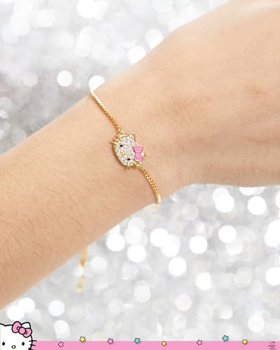 Hello Kitty Bracelet for Women Official License, 18k Gold Flash-Plated and Pave Cubic Zirconia Lariat Bracelet