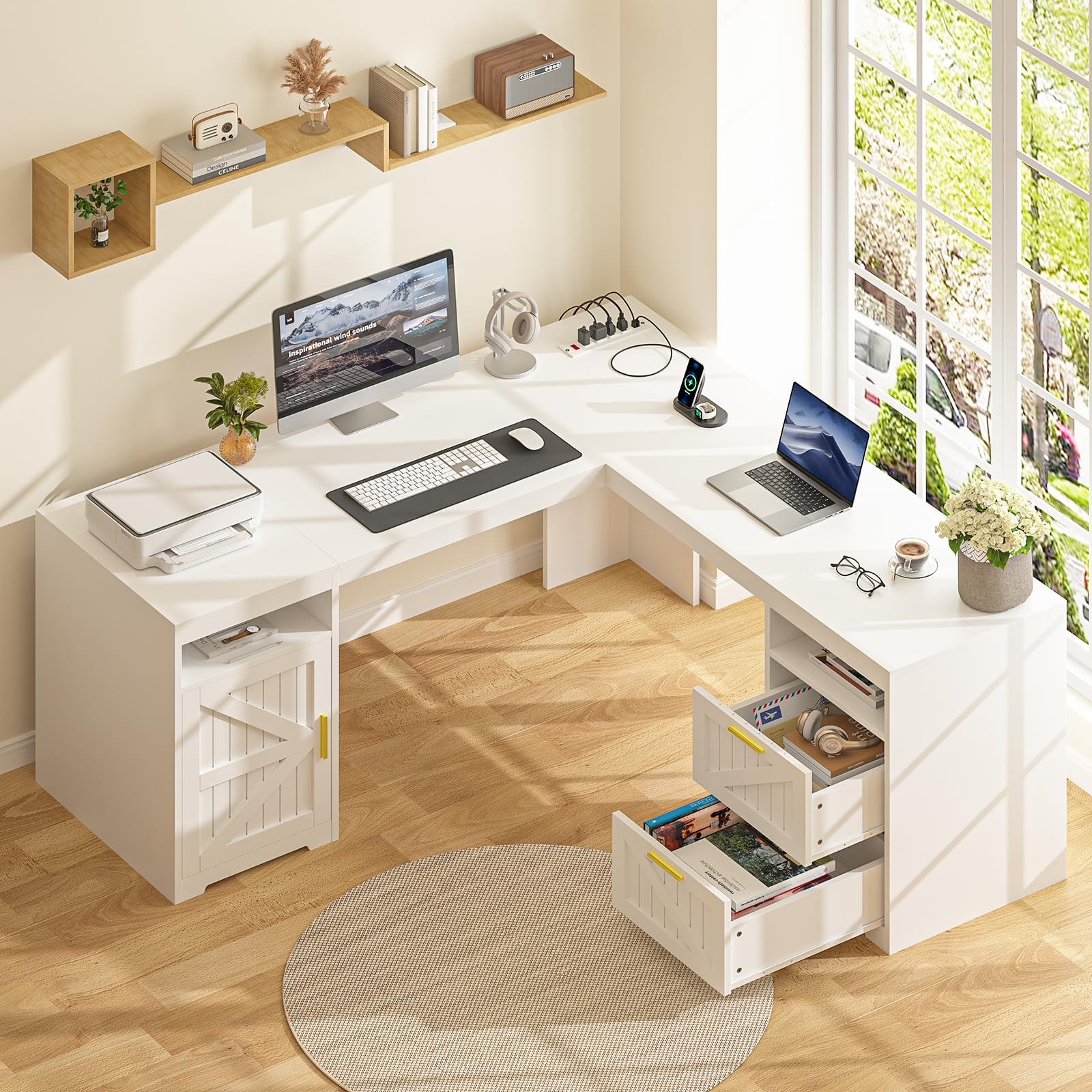 YOMILUVE 59" Farmhouse L Shaped Desk with Drawers & Storage Shelf, Corner Computer Desk with Power Outlets for Home Office, Executive Desk with Printer Shelf, White