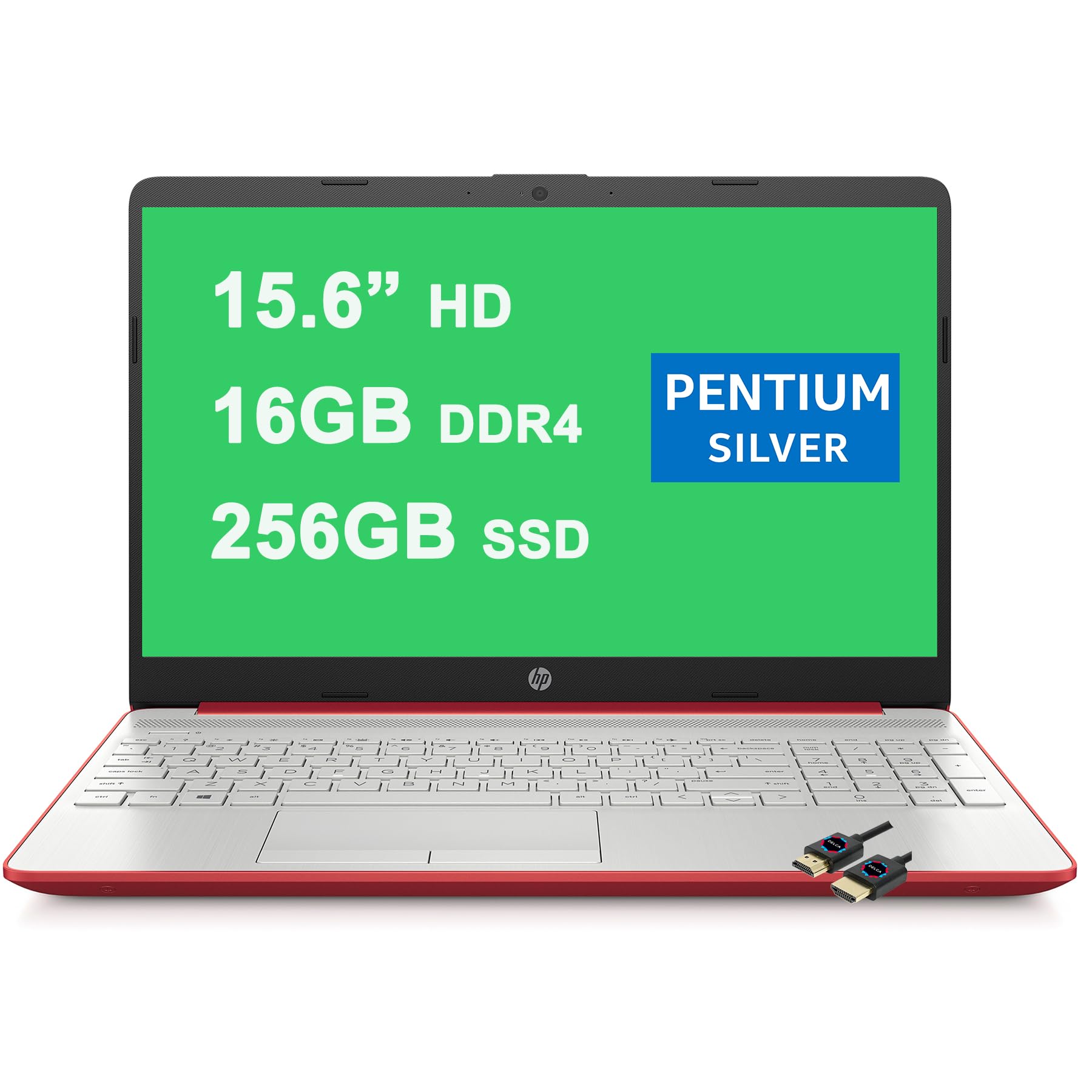 HP Notebook 15 Business Laptop I 15.6” HD SVA Display I Intel 4-Core Pentium Silver N5000 Processor I 16GB DDR4 256GB SSD I USB-C I HDMI Win10 Red + HDMI Cable