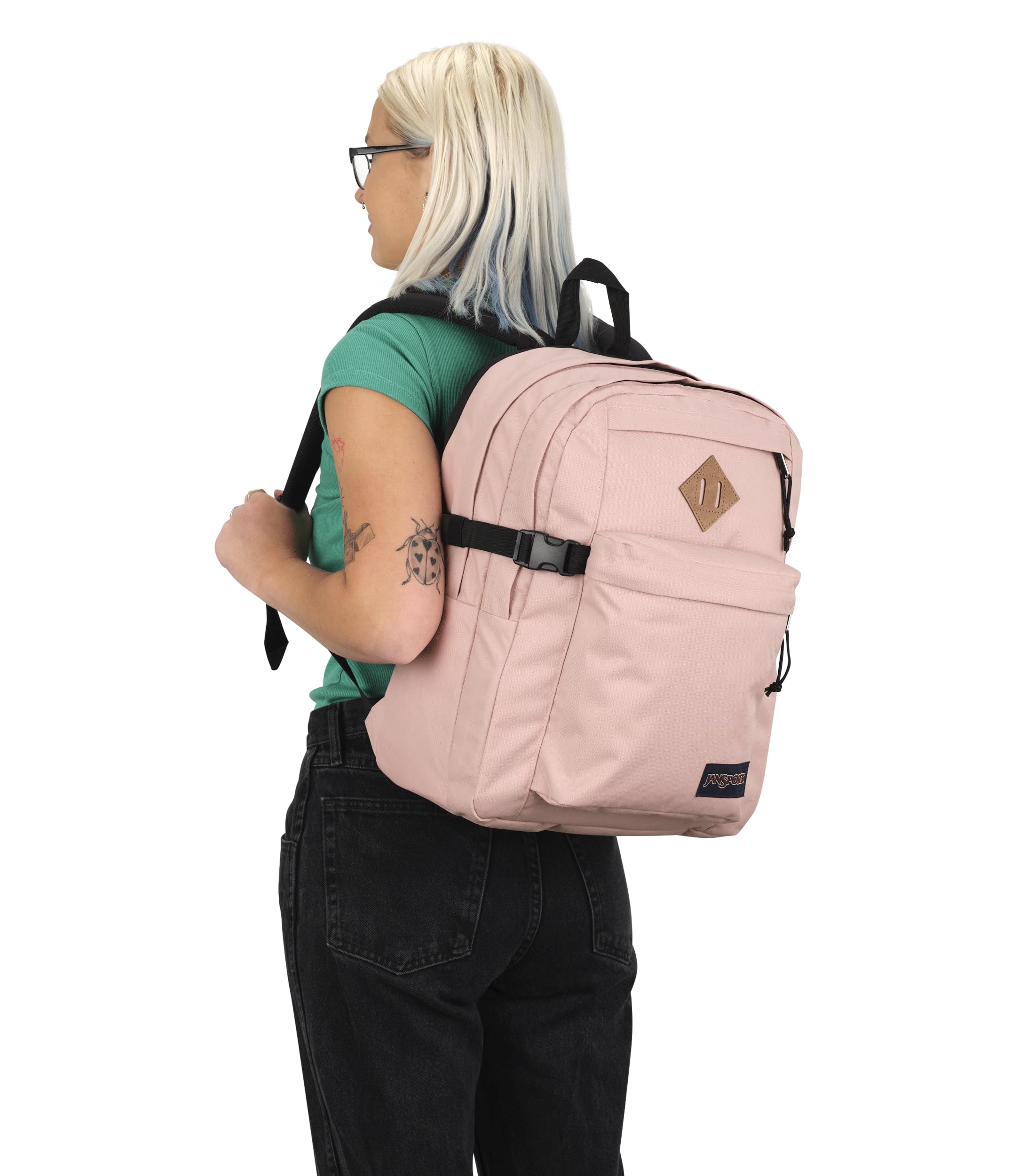 JanSport Main Campus Backpack - Travel, or Work Bag w 15-Inch Laptop Sleeve and Dual Water Bottle Pockets, Misty Rose