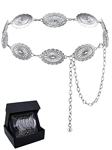 trypro Metal Waist Chain Belt for Women Western Cowgirl Adjustable Concho Silver Chain Belts for Dresses Jeans Gift