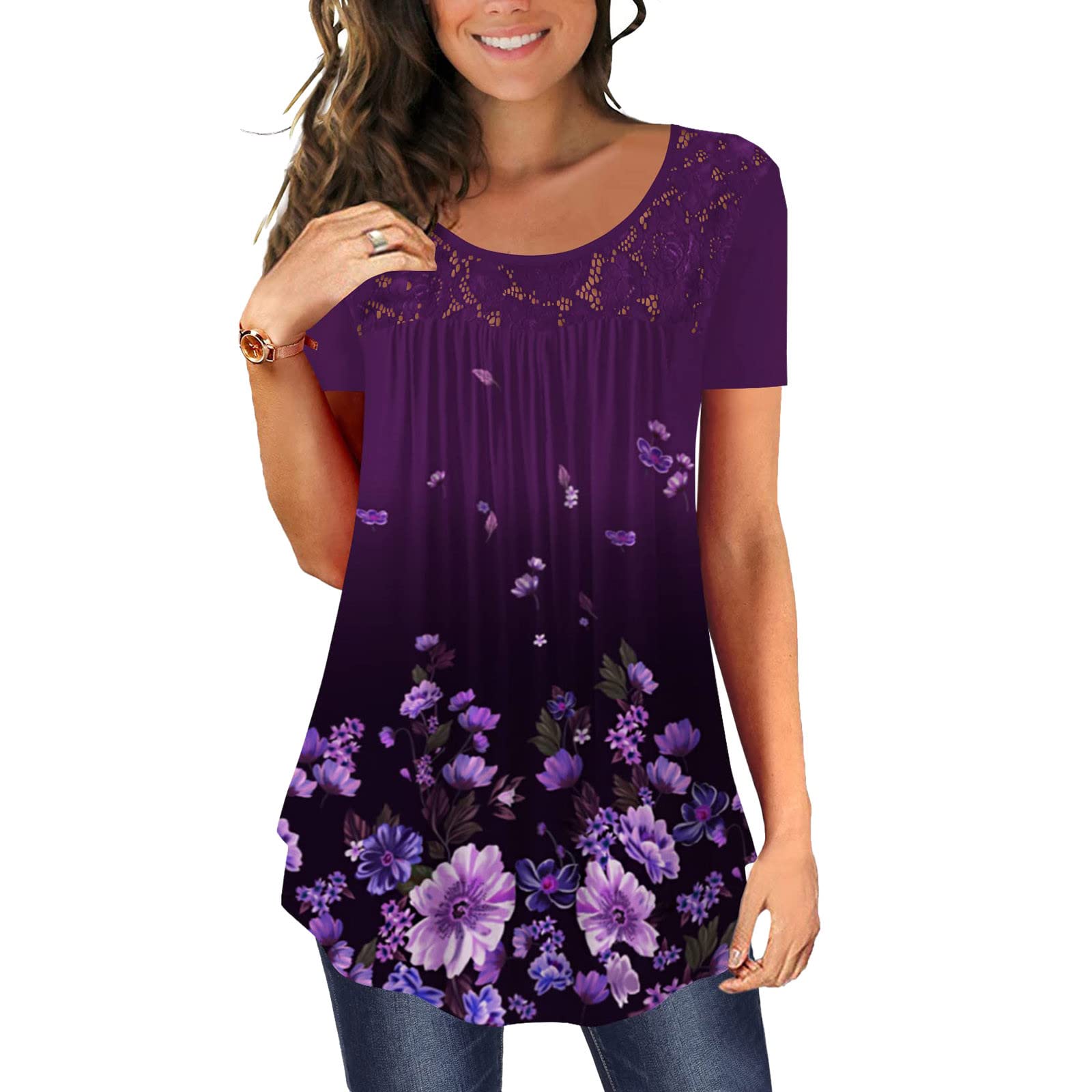 Oversized Sweatshirt for Women 2023 Short Sleeve T Shirt Slim Fit Stars Print Flutter Sleeve Tops Blouses Tees Purple