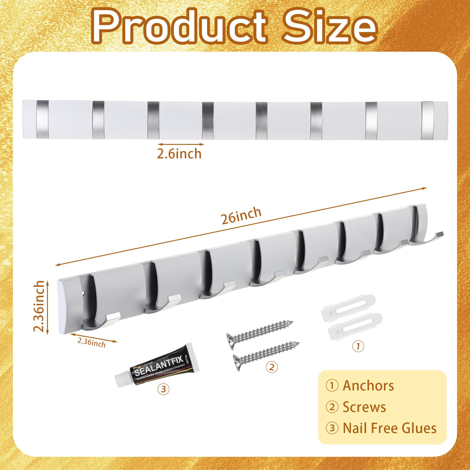 Wesiti 8 Hooks Wall Mounted Coat Rack, Floating Rack with Retractable Hooks, Door Wall Coat Rack Aluminum Space Saving Wall Hangers Hook Rail for Entryway Bathroom Hat Towel (White)