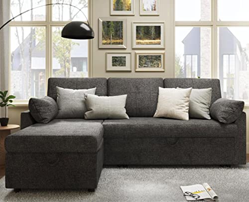 VanAcc Sofa Bed, 2 in 1 Pull Out Couch Bed with Storage Chaise for Living Room, Sofa Sleeper with Pull Out Bed, Gray Chenille Couch