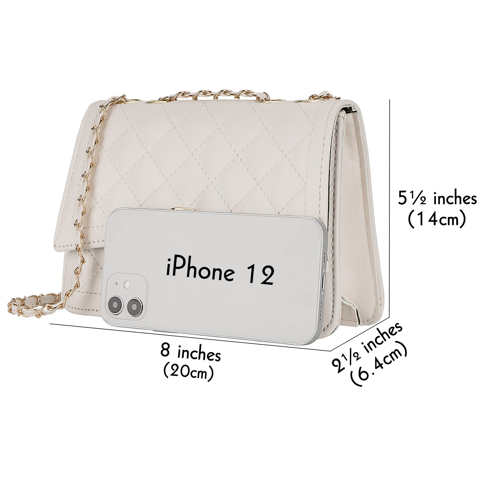 Quilted Bag Purse for Women with Chain Strap, Vegan Leather Small Crossbody Messenger Handbag Shoulder Bag, White