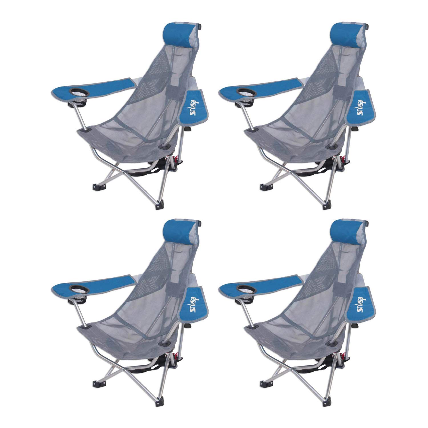Kelsyus Mesh Folding Portable Backpack Beach Chair with Headrest and Strap, Blue and Gray (4 Pack)