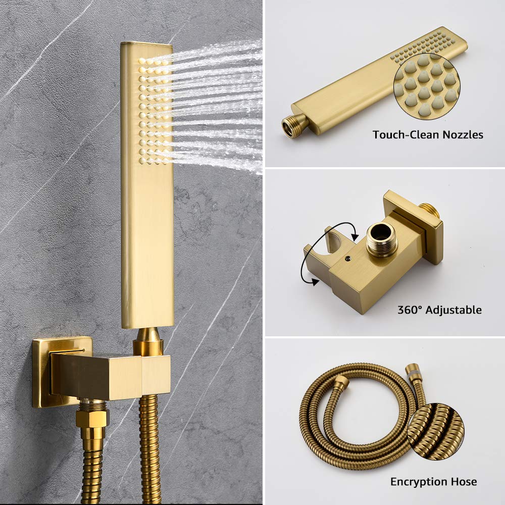 Iriber Ceiling Brushed Gold Rain Shower System with Waterfall Tub Spout 3 Function Shower Faucet Set Contain 12 Inch Shower Head and Handheld Brushed Brass Shower Trim Kit (Valve Included)