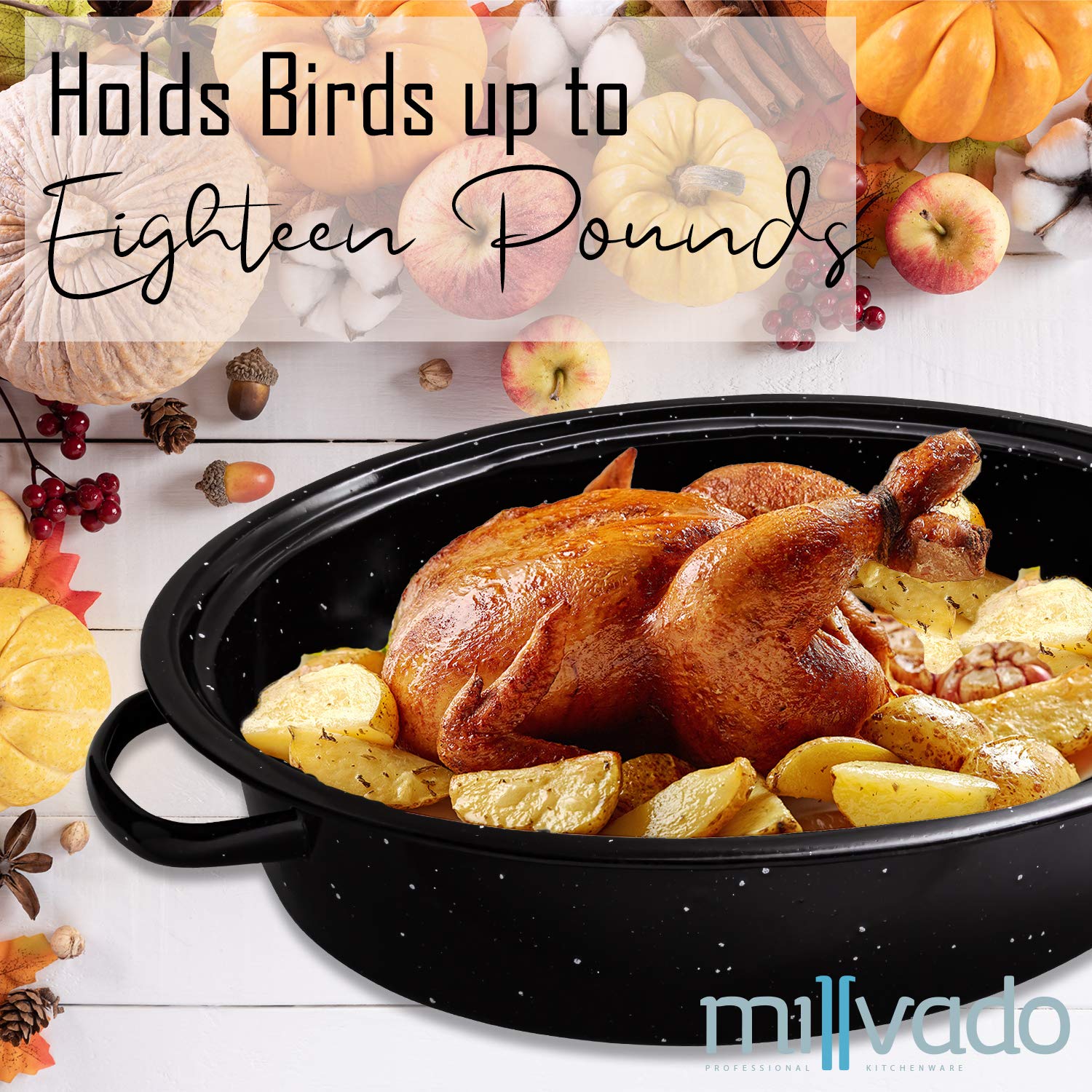 Millvado Roasting Pan With Lid, Turkey Roaster Pan, Extra Large 18 lb Capacity, 18" Granite Oven Roaster Oval Shaped Speckled Enamel on Steel Cookware