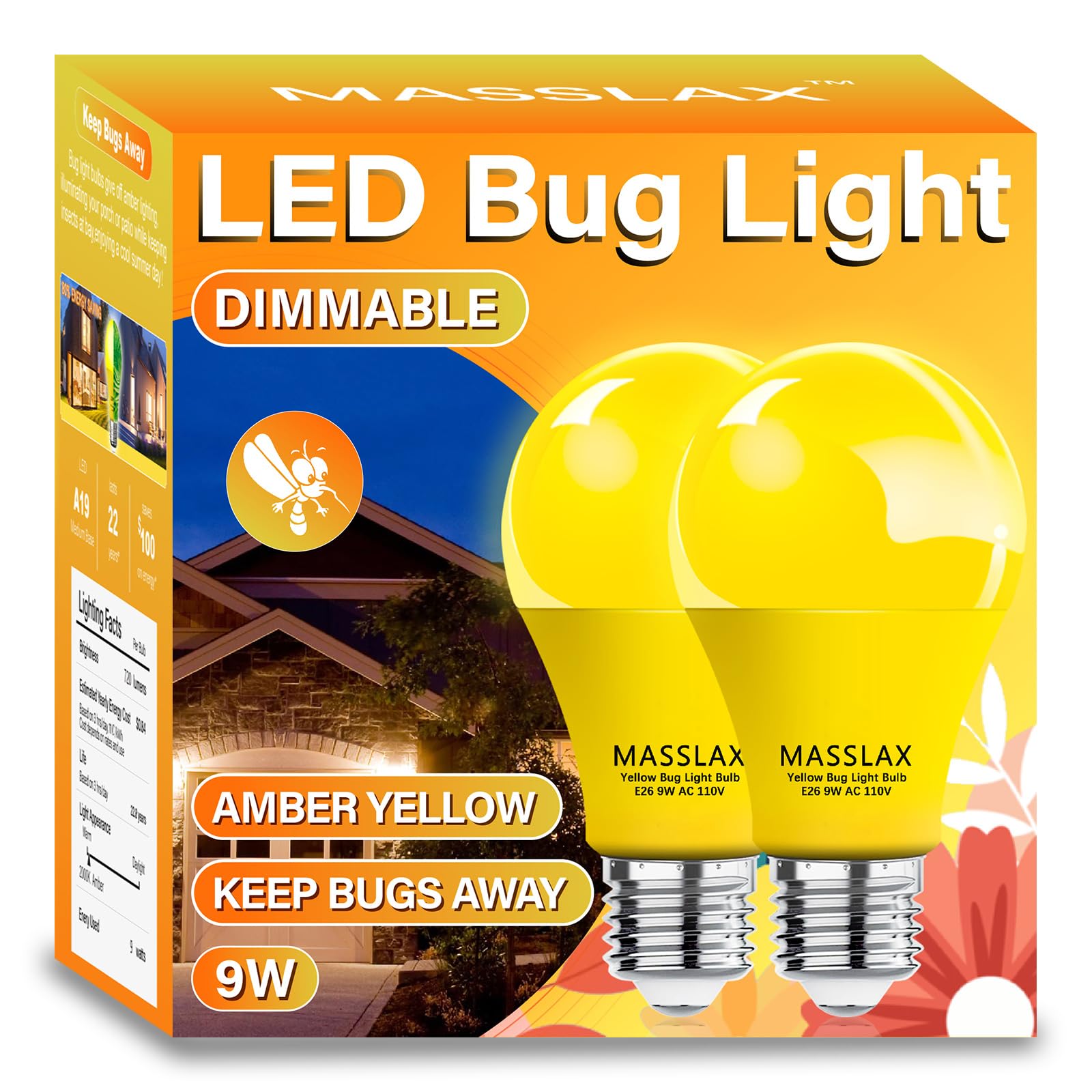 MASSLAX 2 Pack Amber Yellow LED Bug Light Bulbs,9W Replace to100W Bug Light,E26 Base LED Bug Lights for Outdoor Porch Light, Decorative Lighting Lamps,Bedroom Night Light Bulb