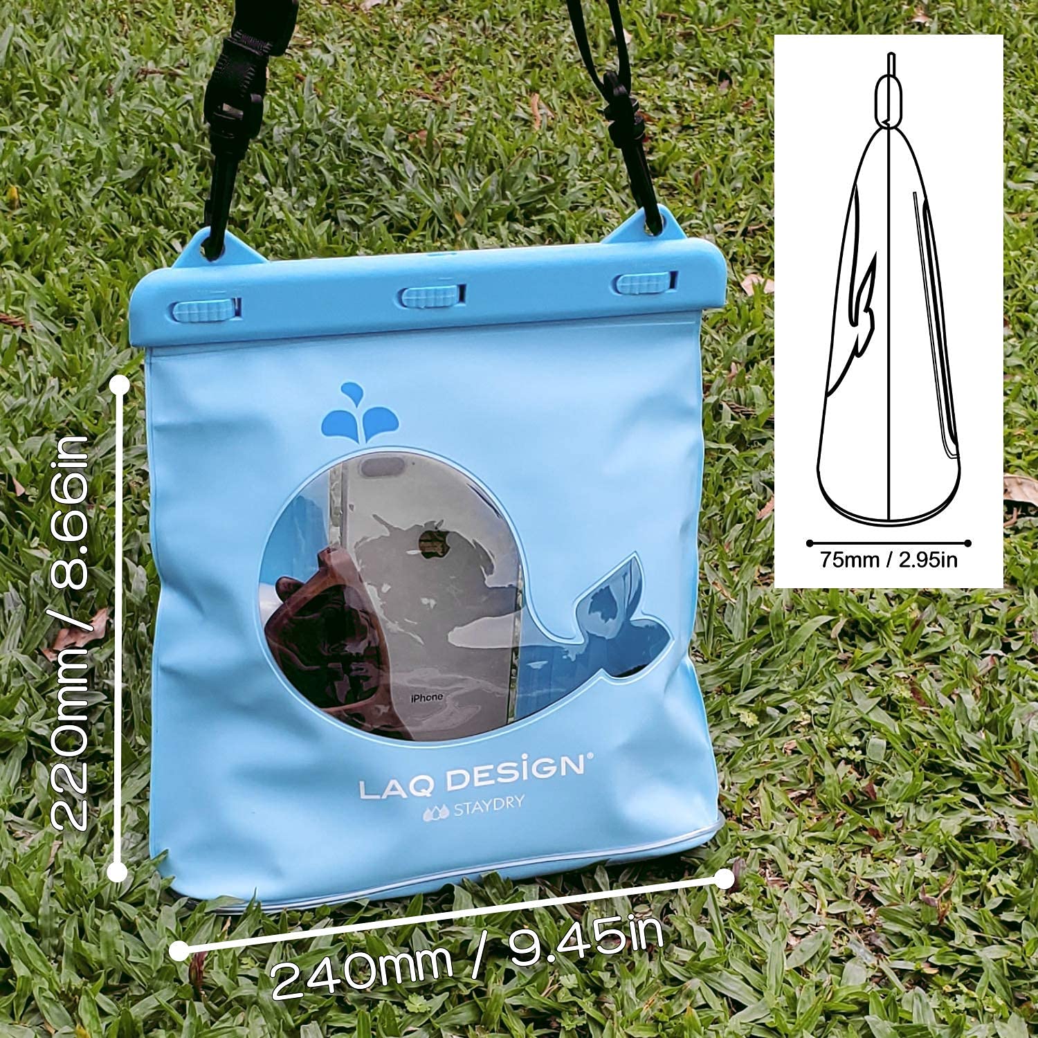 LAQ DESiGN STAYDRY Double Sided Perspective Waterproof Storage Bag with Adjustable strap, Dry Bag with Screen Touchable Inter Pocket (Whale) (Blue)