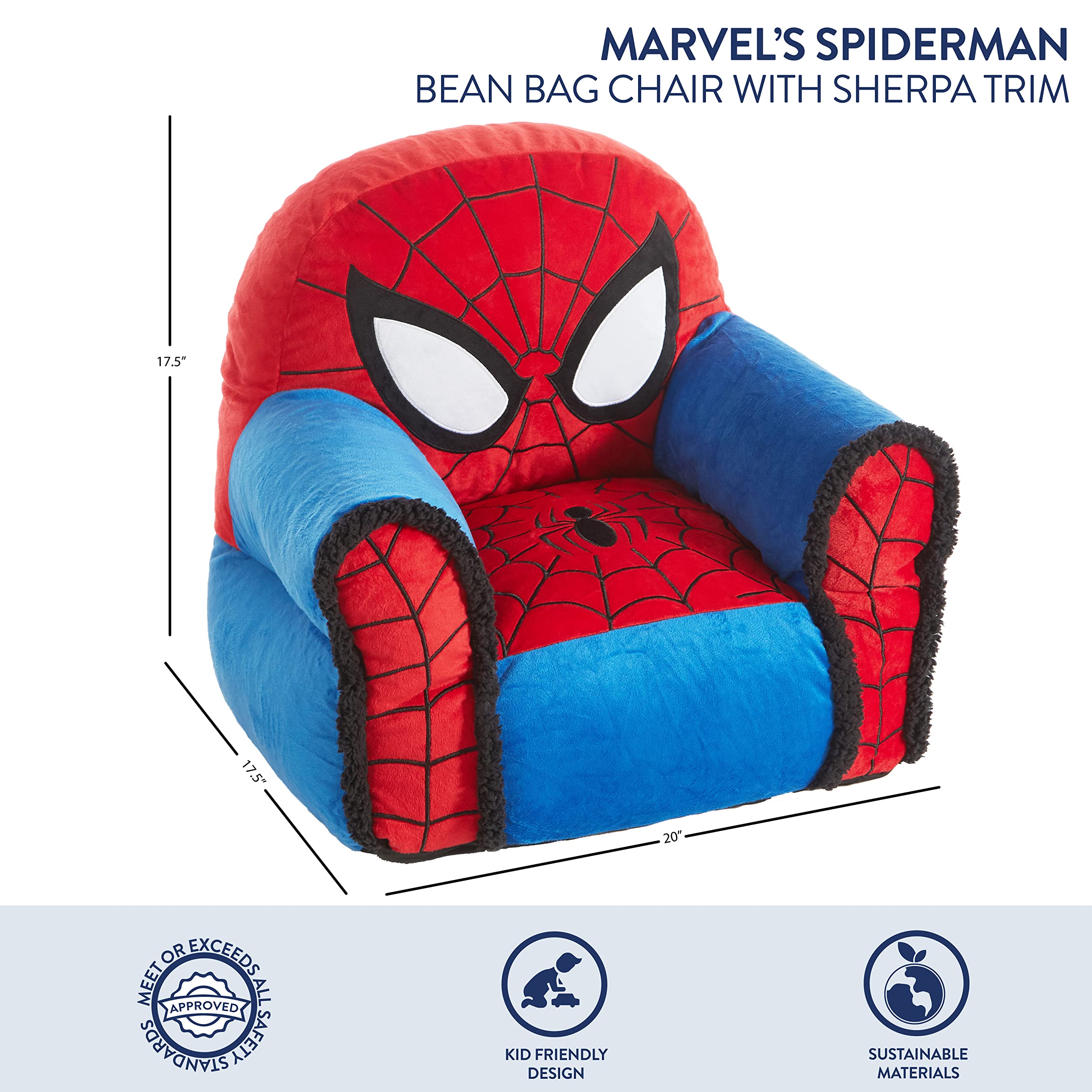 Idea Nuova Marvel Spiderman Figural Bean Bag Chair with Sherpa Trim, Ages 3+, Polyester, Red, Medium
