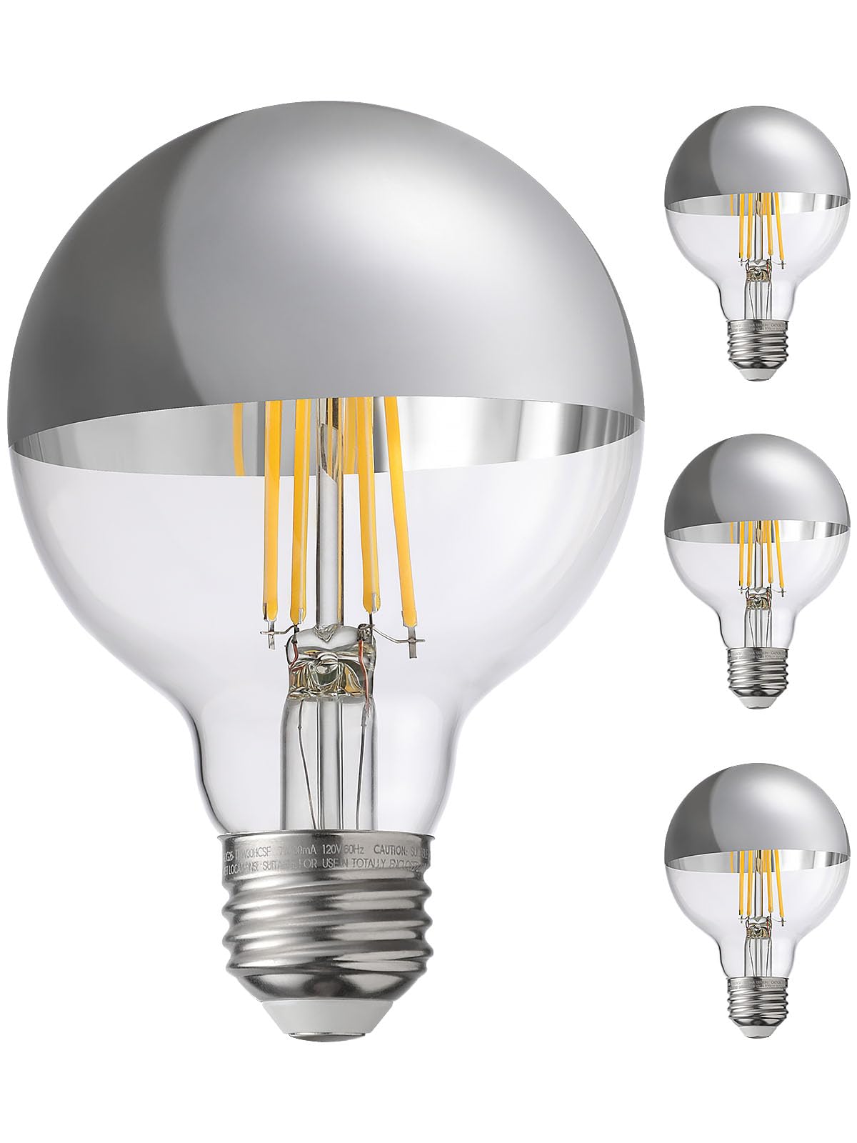TORCHSTAR Dimmable Half Chrome Light Bulb, 7W (75W Eqv.), Anti Glare LED Light Bulbs, UL Listed, E26 Silver Dipped Bulb, G25 Globe Light Bulbs for Bathroom, Vanity, Mirror, 3000K Warm White, Pack of 3