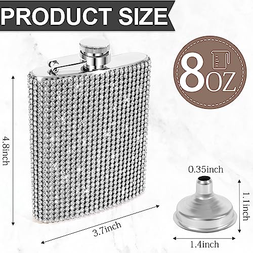 INSTOME Diamond Hip Flask,Flasks for Liquor for Women,6oz Bling Flasks for Liquor,Rhinestone Hip Flask Leakproof with Funnel,Leakproof Flask for Wine Whiskey Liquor Drinking (8+8, silver)