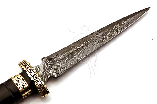Skokie Knives Custom Hand Made Damascus Steel Hunting Dagger Knife Handle Bull Horn with Brass Spacer (Black Bull)