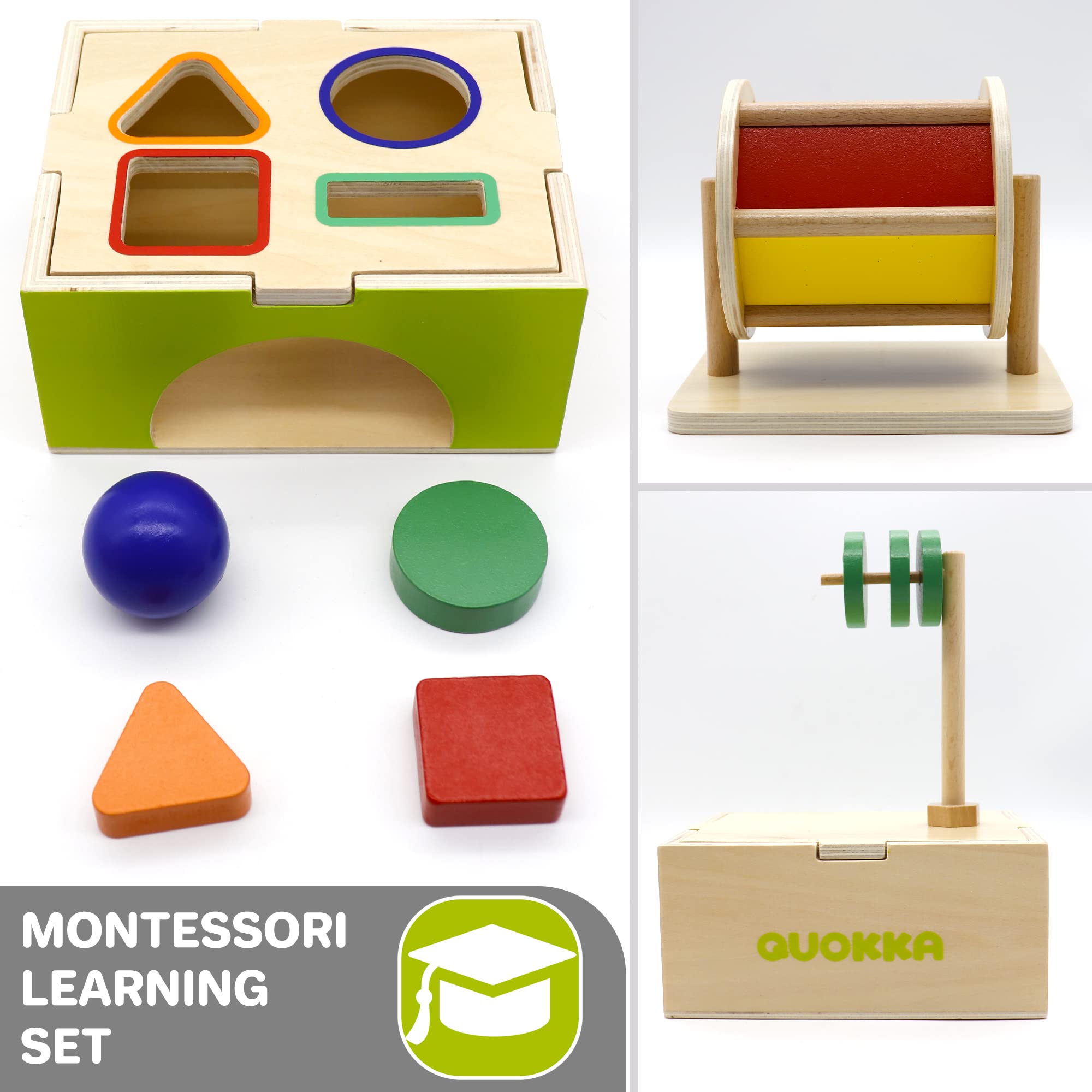 QUOKKA Montessori Toys for Babies 12 Months - Orange Shape Sorter Toys for Toddlers 1 2 3 Year Old | Rainbow Spinning Drum | Sorting Cube | Discs on Dowel | Wooden Learning Educational Game