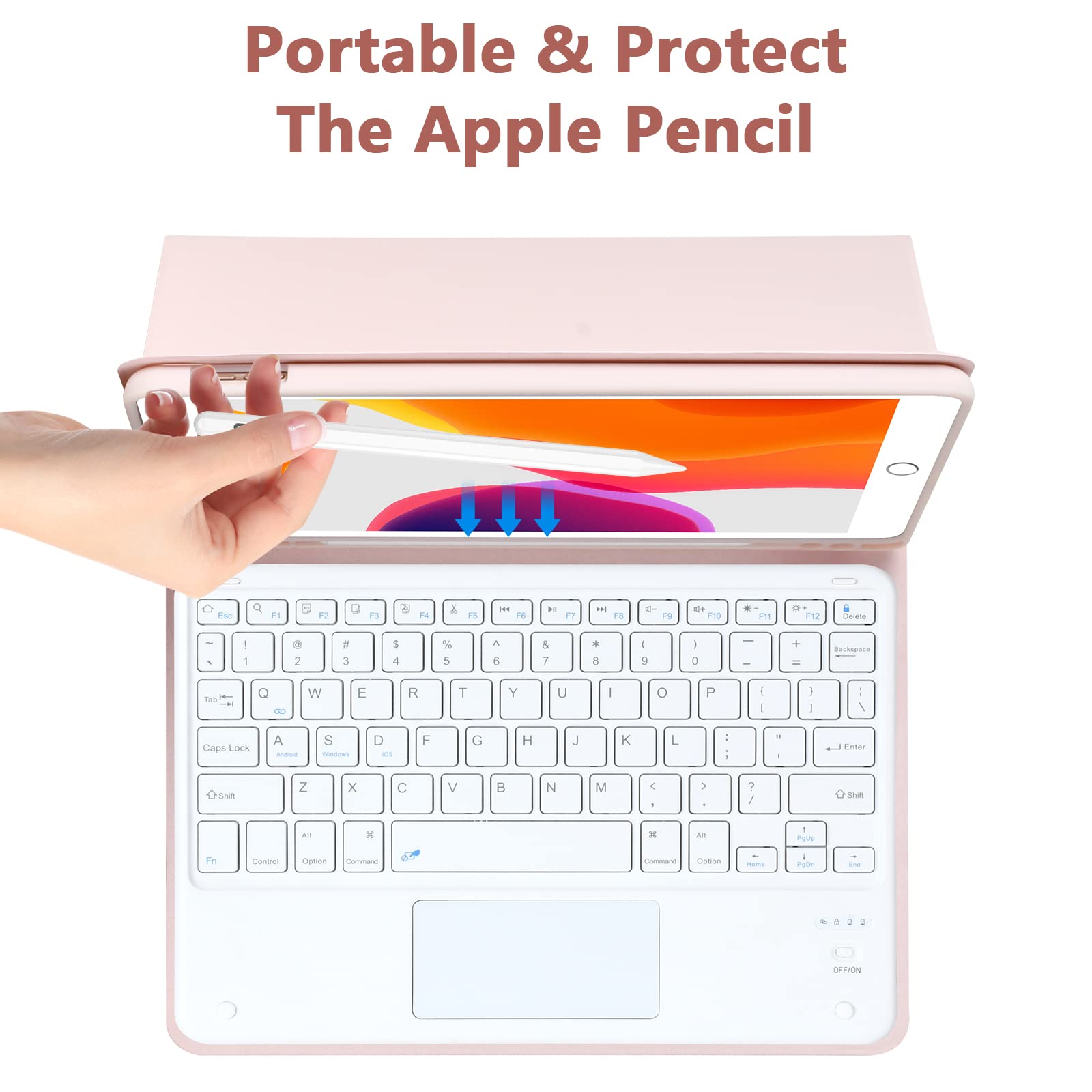 Touchpad Keyboard Case for iPad 10.2 2021 9th Generation/2020 8th Gen/2019 7th Gen, Detachable Wireless Keyboard Cover with Pencil Holder for New iPad 9th Gen/8th Gen/7th Gen, Air 3, Pro 10.5, Pink