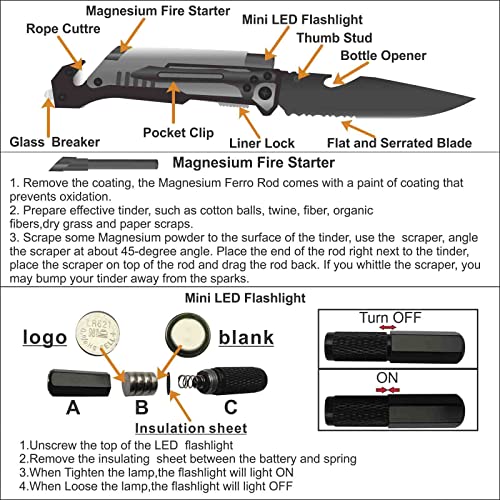 SHUBHADA Damascus Steel Folding Pocket Knives Multi Function Emergency Tool Knives Led Light Magnesium fire starter Seatbelt cutter Glass breaker Bottle opener (Red)