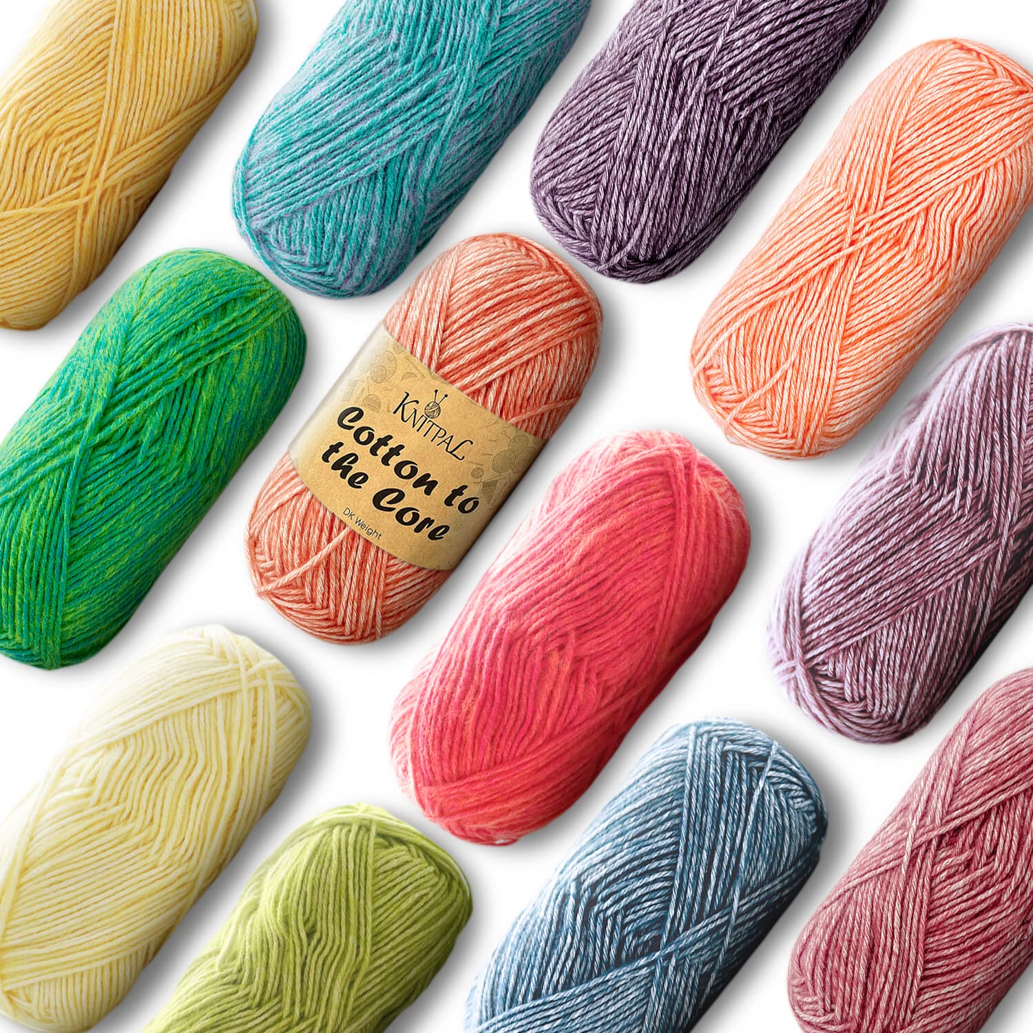 KnitPal Cotton to The Core, DK Hand Knitting and Crocheting Cotton Heather Yarn Assorted Colors Pack, Washcloth -Blankets, (Free Patterns), 12 colors/skeins (1704 yards/600 Grams) DK #3 (Rainbow Pack)