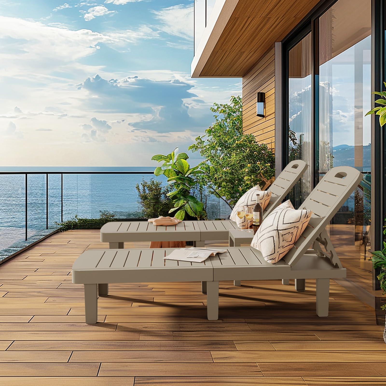 VONZOY Oversized Outdoor Chaise Lounge Chairs Set of 2,Patio Lounge Chair with Adjustable Backrest, Pool Chaise Lounge with Cup Holder, Resin Chair for Poolside, Beach, Garden and Yard - Grey