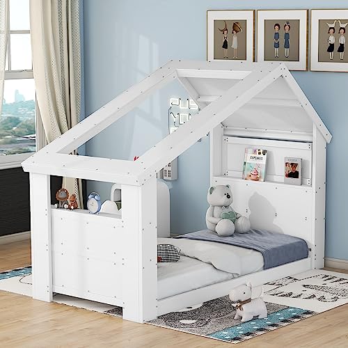Twin House Bed Kids Floor Bed with Roof and Window, Solid Wood Montessori Bed with LED Light, Low Floor Twin Bed Frame for Kids Girls Boys, No Box Spring Needed (White)