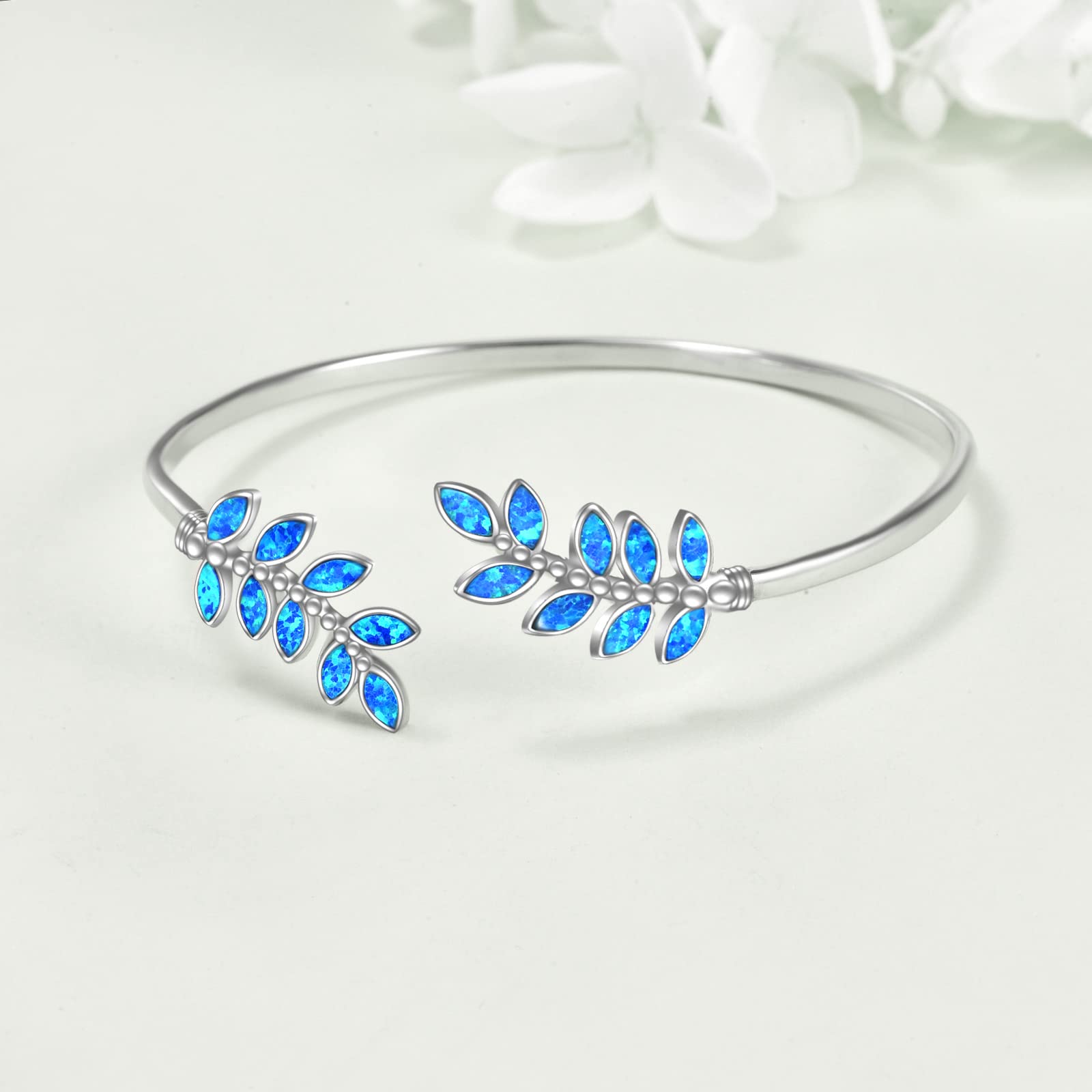 LUHE Tree of Life Opal Women's Bracelet 925 Sterling Silver Open Bracelet for Women (Blue, Sterling Silver)