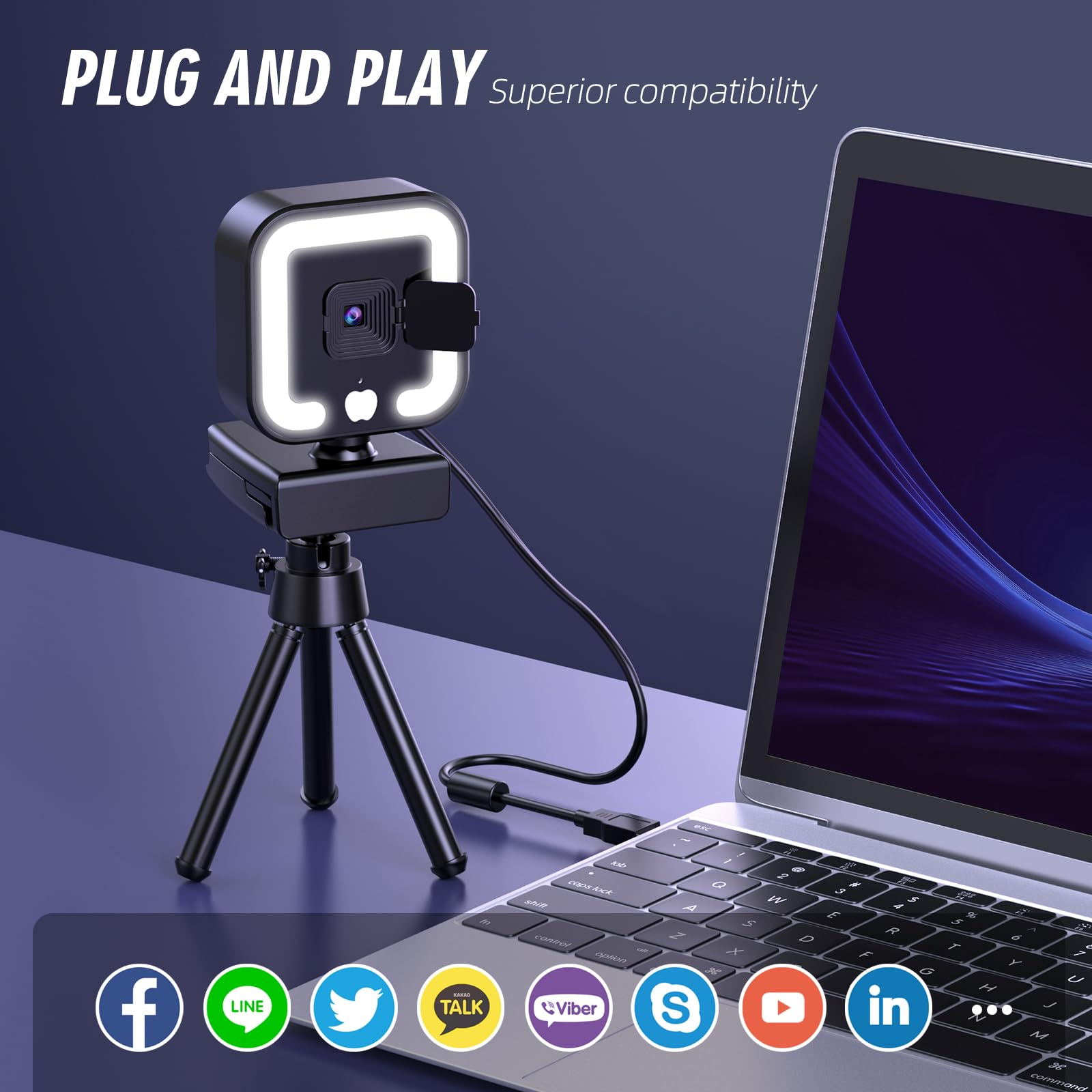 Hemisol 4K Webcam, Web Camera with Microphone and Fill Light, HD Autofocus Computer Camera with Privacy Cover and Tripod Stand Streaming Webcam,Plug&Play USB Wbcam for Pc Laptop Desktop Video Calling
