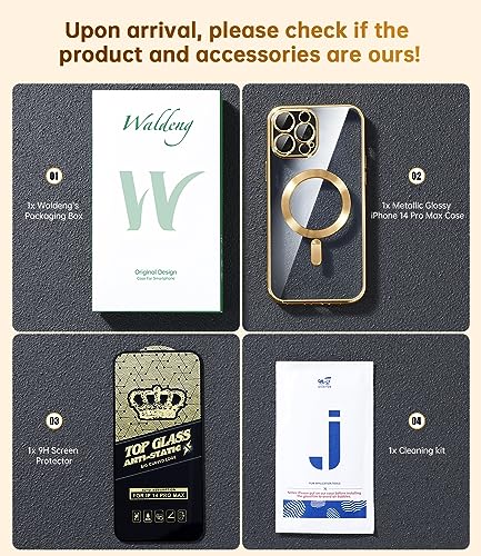 Waldeng for iPhone 14 Pro Max Case with Integrated Camera Lens Protector, [Compatible with MagSafe] [Original iPhone Exterior], Crystal Clear Case for iPhone 14 Pro Max 6.7", Gold