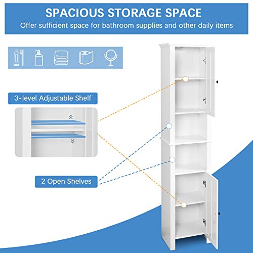 Unovivy Tall Bathroom Storage Cabinet Floor Standing Freestanding Linen Tower with 2 Doors & 6 Shelves, 15.7X 11.8X 66.9 Inches, for Living Room, Kitchen, Off-White