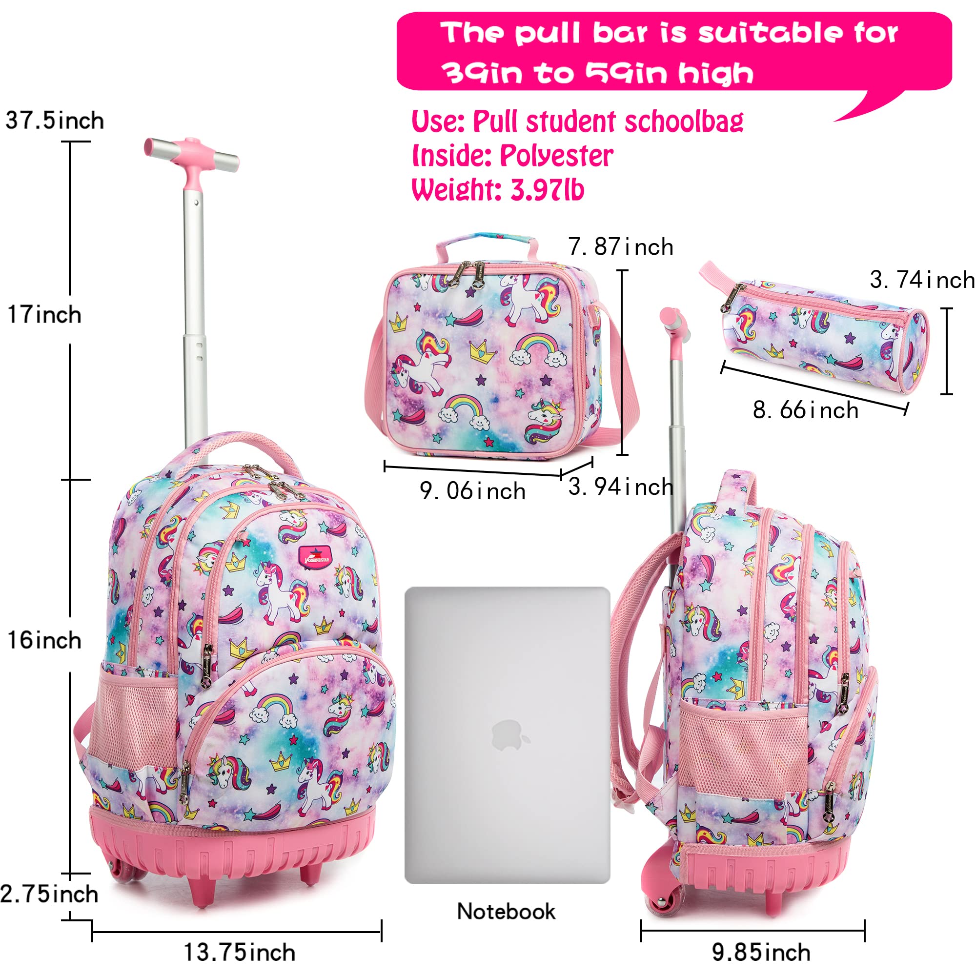 Jasminestar Rolling Backpack 18 inch Wheeled Kids Backpack with Lunch Bag and Pencil Case for Boys and Girls