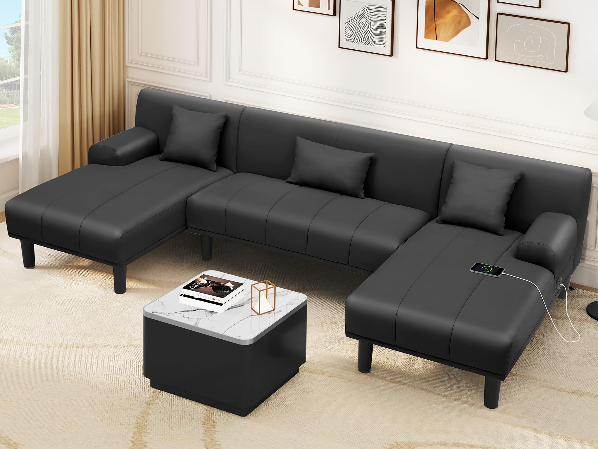 YITAHOME Sectional Couches for Living Room, U Shaped Sofa Faux Leather Modern Couch with USB & Type C Charging Ports Double Chaise and Comfy Upholstered, Black